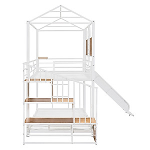 BOVZA House Bunk Bed with Slide and Stairs, Twin Over Twin Metal Bunk Beds Frame with Roof and Storage Staircase for Kids Boys Girls Teens, White