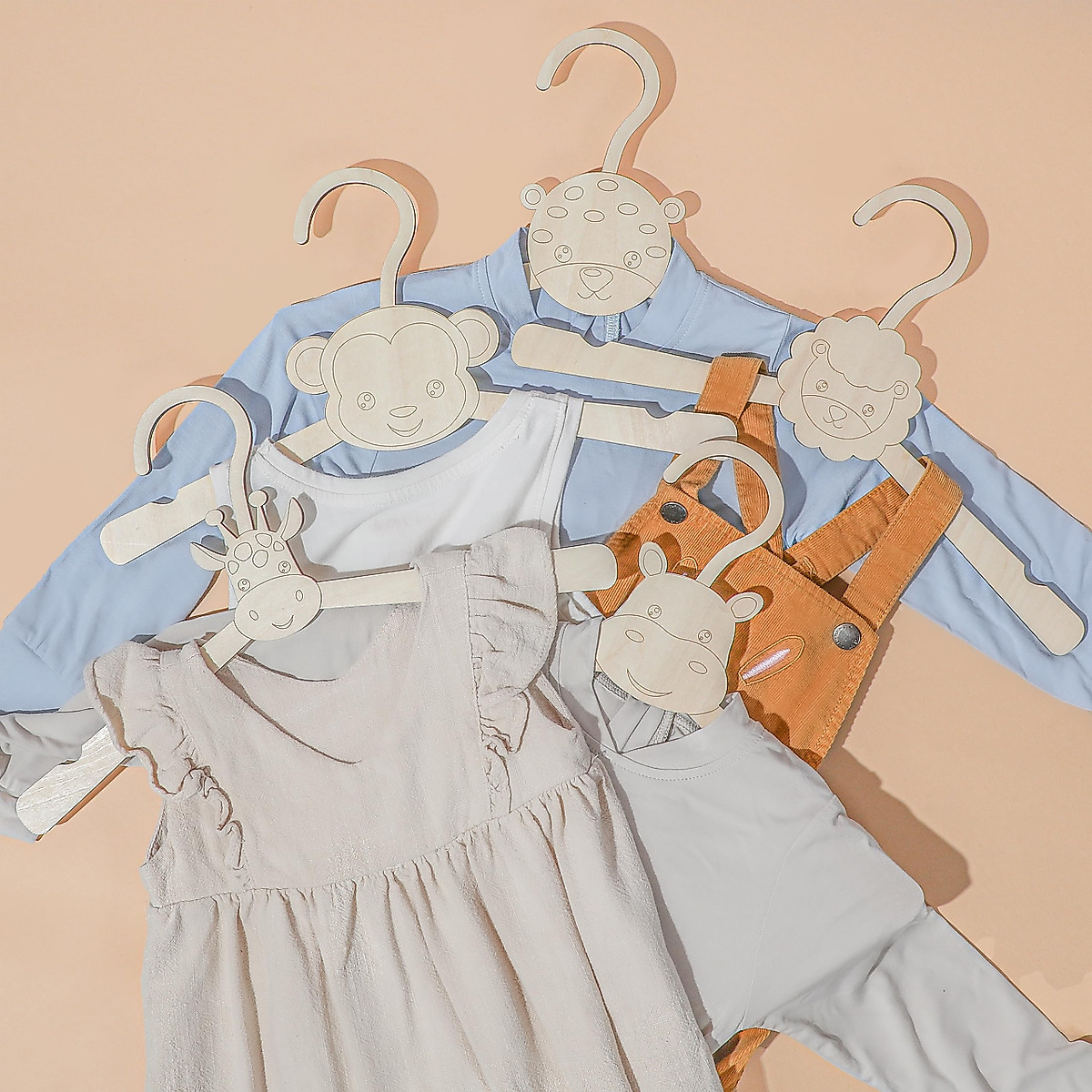 Fluffy Nugget Handcrafted Eco-Friendly Wooden Kids Hangers with Animal Faces, Toddler Hangers, Children's Hangers, Kids Clothes Hangers, Wooden Closet and Nursery Organizers, 5pcs (1)