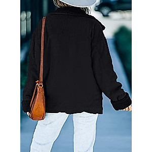 Dokotoo 2024 Autumn Winter Corduroy Trucker Jacket Coat for Women Turn-Down Collar Button Down Long Sleeve Soft Sherpa Lined Thick Solid Loose Fit Winter Outwear Black XL