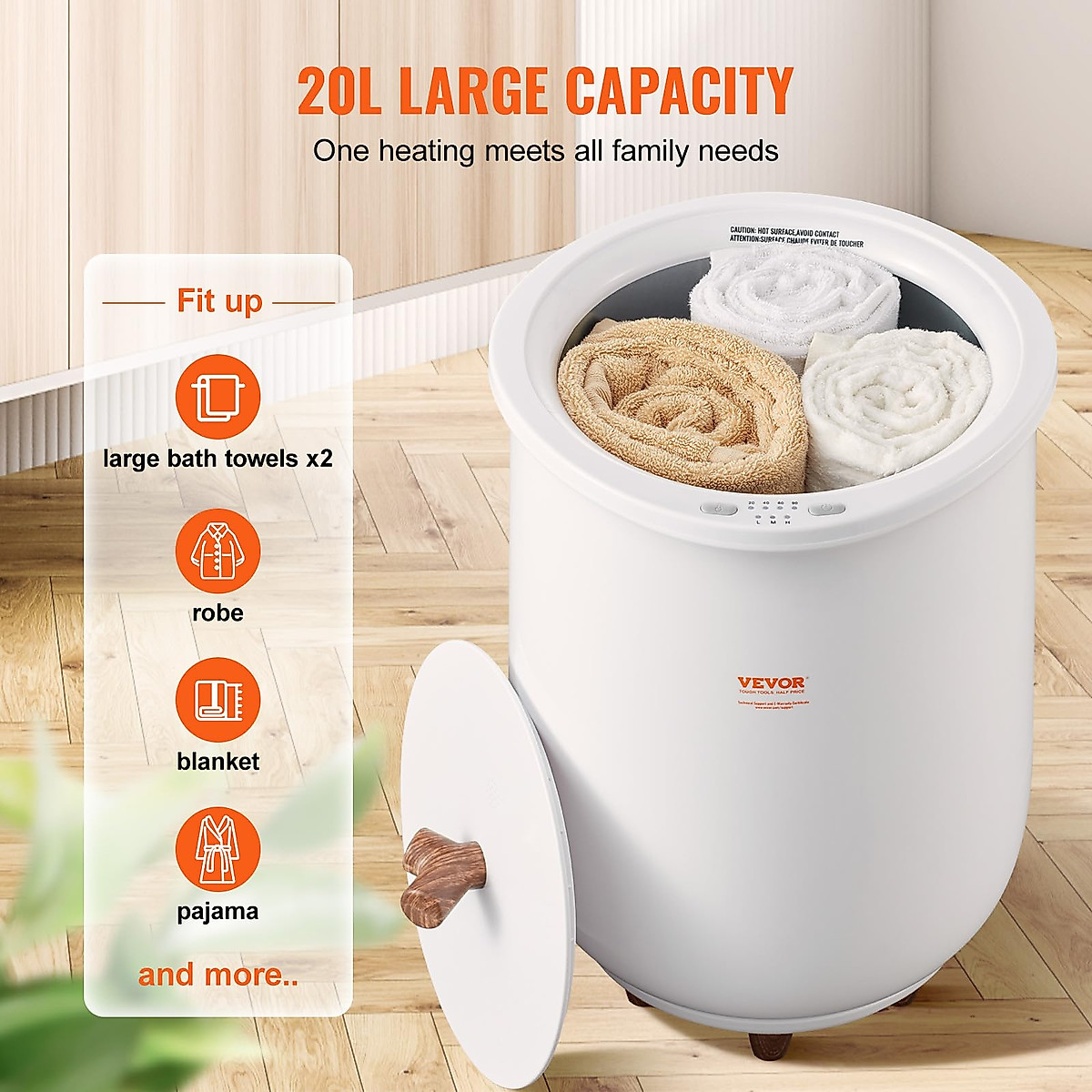 VEVOR Towel Warmer Bucket, 20L Large Towel Warmer for Bathroom, Auto Shut Off Towel Heater with 4-Level Timer Fits up to Two 40"x70" Oversized Towels, Bathrobes, Blankets, ETL & FCC Certified