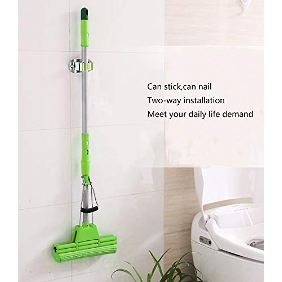 LYASI Stainless Steel Mop and Broom Holder, Dual-Purpose Wall Mounted Mop Broom Organizer with 2 Pcs 3M Self Adhesive and Double Screws,Bathroom Kitchen Organizer Rack with Spring Clip Design