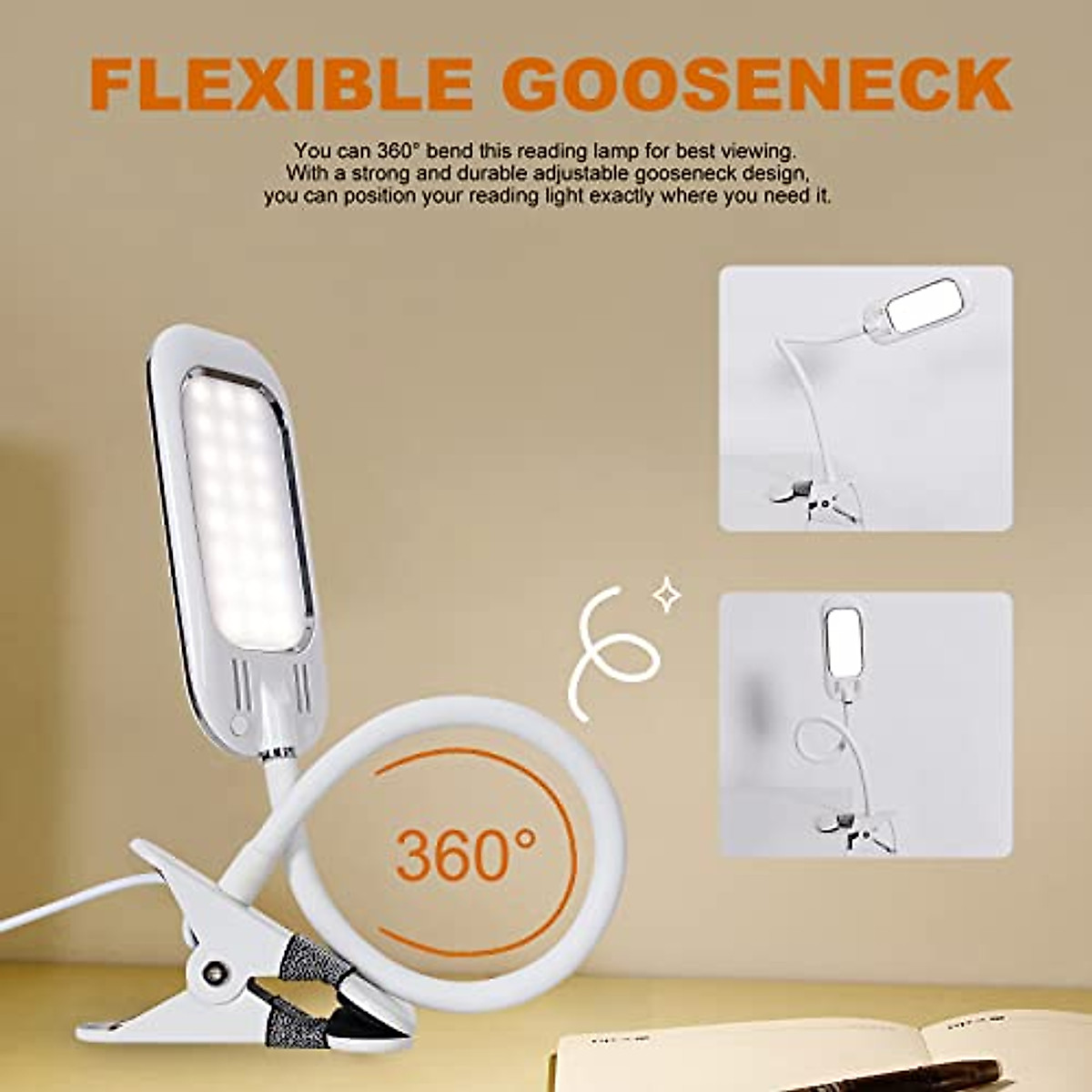 Eye Caring Desk Lamp with Clamp,Full Spectrum Eye Protection LED Clip on Desk Lamp,Dimmable Bright 8W Book Light for Reading in Bed,Daylight USB Powered Adjustable Gooseneck Small Desk Lamp for Dorm