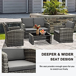 Vakollia 4 Piece Outdoor Patio Furniture Sets, Wicker Rattan Conversation Sofa Set with Table & Chair for Backyard Balcony Garden Poolside Porch (Grey-Dark Grey)