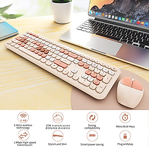 Wireless Keyboard and Mouse Combo, Colorful Ergonomic Full Size Retro Low-Noise Keyboard with Cute keycaps, Compatible with Windows, PC, Perfer for Home and Office Keyboards (Brown)