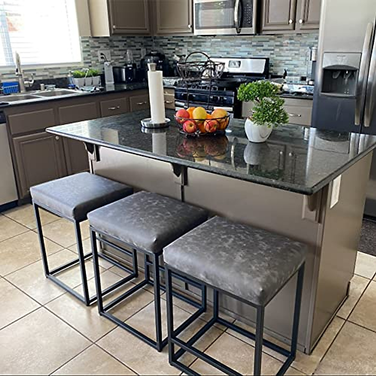 ALPHA HOME 24" Bar Stool Counter Height Bar Stools with Footrest Pu Leather Backless Kitchen Dining Cafe Chair with Thick Cushion & Sturdy Chromed Metal Steel Frame Base for Indoor Outdoor,Grey,2PC