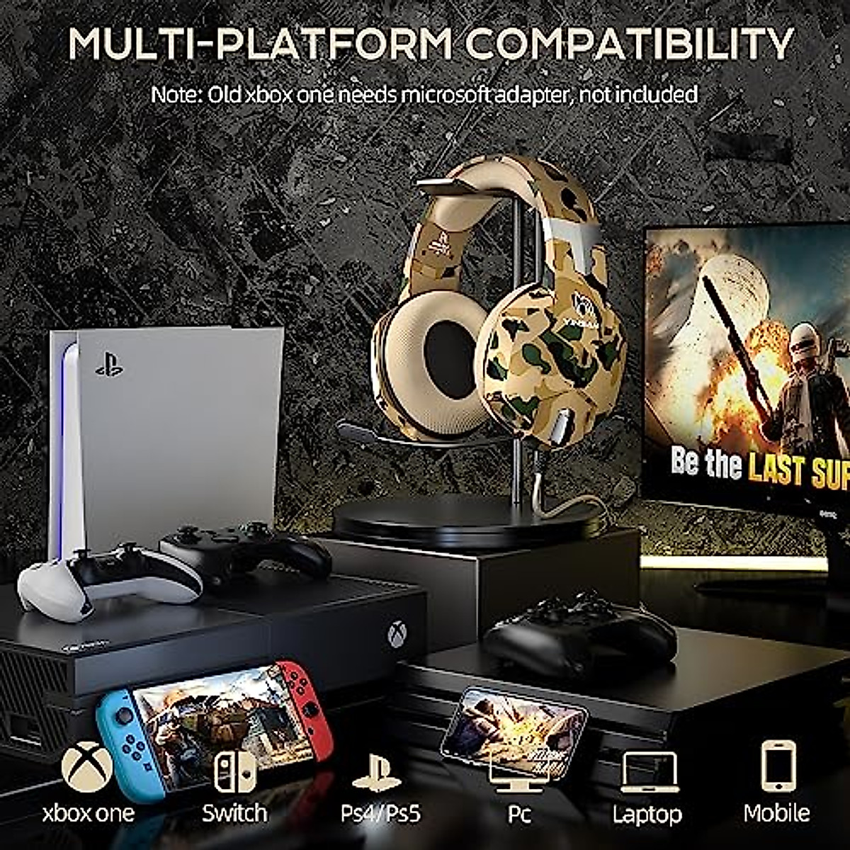YINSAN Gaming Headset for Xbox One, PS4 Headset with Mic, Stereo Surround Sound, Noise Cancelling Microphone & One-Key Mute, Cool Camo Gaming Headphones for Nintendo Switch PS5 PC