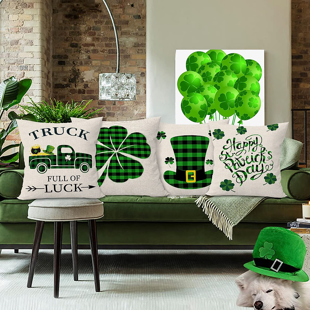 SIBOSUN St Patricks Day Pillow Covers 18x18 Inch Set of 4 Clover Black and Green Buffalo Plaid Shamrock Decorative Throw Pillowcase Lucky Clovers Linen Cushion Case for Home Couch Sofa Decorations