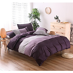 Tenghe Stripe Colorblock Print 3 Pcs Duvet Cover Sets Soft Reversible Bedding Cover Brushed Microfiber Full Queen Size(King,Purple Stripe)