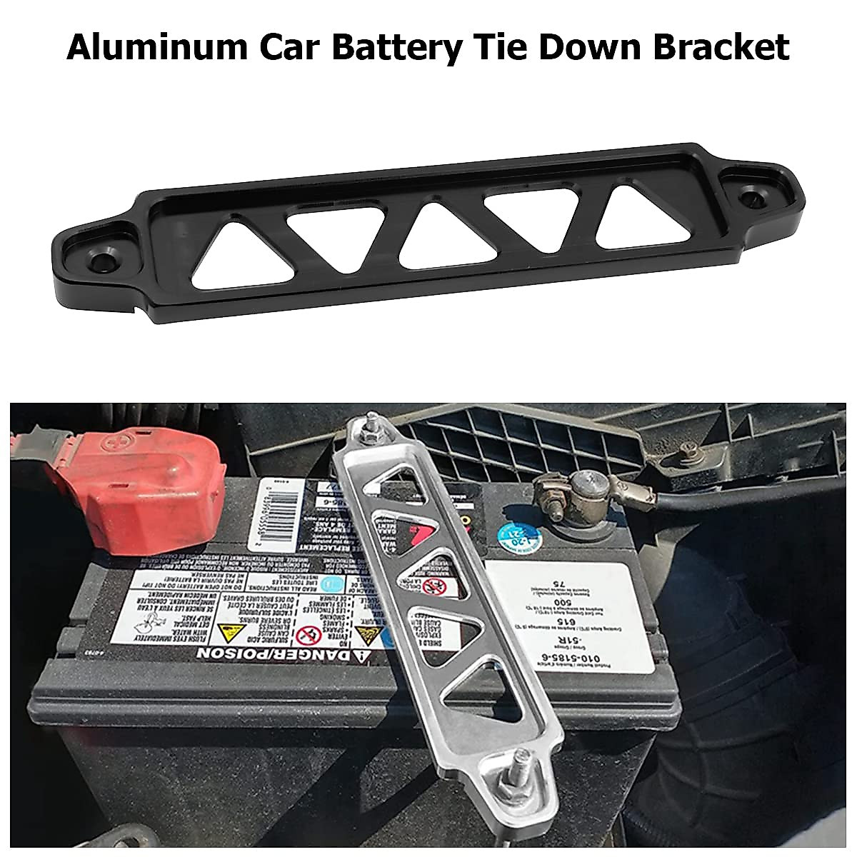 BESULEN Battery Hold Down Sets, Billet Aluminum Battery Tie Down Mount Bracket With Stainless Steel J Bolts, Universal 8" Triangular Five-Hole Car Battery Holder Kit For SUV, RV (Black)