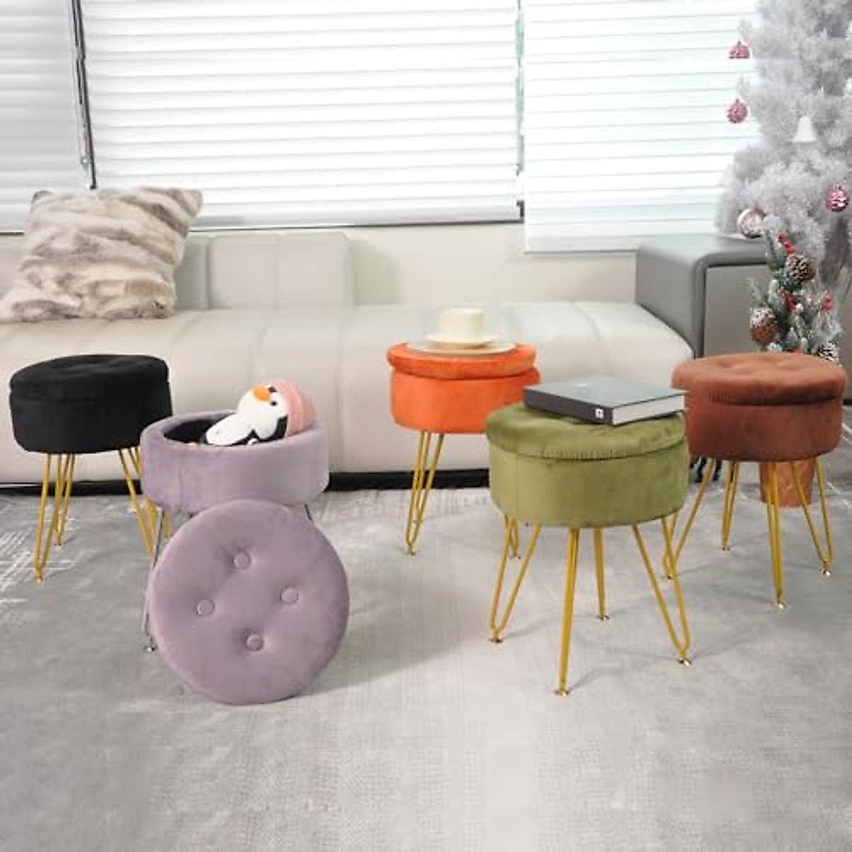 YLCHHOMY Round Vanity Stool with Storage, Velvet Storage Ottoman Footrest Stool Chair Holds up to 300 lb Small Soft Makeup Stool Modern Dressing Stool for Bedroom, Living Room, Bathroom -Orange