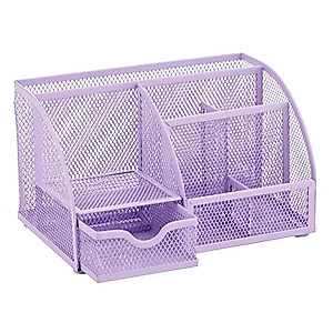 Annova Mesh Desk Organizer Office with 7 Compartments + Drawer/Desk Tidy Candy/Pen Holder/Multifunctional Organizer - Light Purple / Lavender