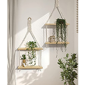 Afuly Macrame Hanging Shelves Wall Floating Shelf Natural Wood Chic Boho Decor 2 Tiers Pine Wood Cotton Rope Beige for Bedroom Bathroom Living Room Decor Ready to Hang, Beige