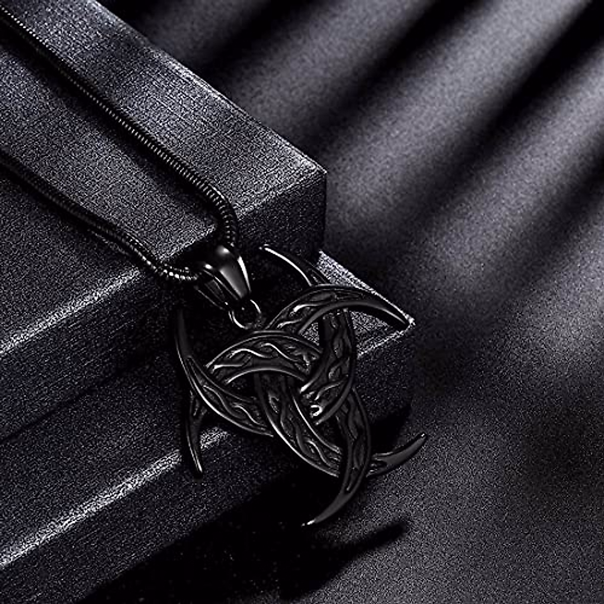 Celtic Knot Necklace Viking Pendant - Norse Mythology Jewelry Triple Odin Horn Crescent Moon Necklace Mens 316L Stainless Steel Triskelion Amulet Pewter Tribal Protection Triskele Jewelry SP0053B