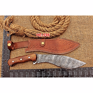 HUNTEX Handmade Hand-Forged Twist Pattern Damascus Steel 15 Inch Long Full Tang Natural Walnut Wood Handle Razor Sharp Hunting Camping Kukri Knife w/Genuine Leather Sheath