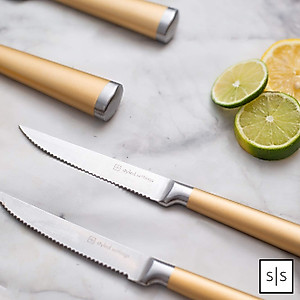 Gold Knife Set with Walnut Knife Block, 13-piece Kitchen Knives Stainless Steel Gold Knives Set, Full Tang, Knives Gold - Gold Kitchen Accessories