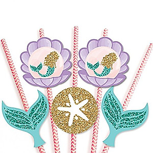 Let's Be Mermaids Paper Straw Decor - Baby Shower or Birthday Party Striped Decorative Straws - Set of 24