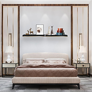 Thick 1.78 IN Black and Gold Shelves With Thicked 1/5 Inch Heavy Duty Bracket,Black and Gold Foating Shelves Pine Wood 16 ×6.5 IN Black Floating Shelves With Stainless Steel Trim Strip Set of 2