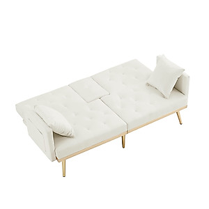 Velvet Upholstered Folding Futon Sofa Bed with 2 Cup Holders, 69.2" Modern Convertible Loveseat Couch Adjustable Recliner Love Seat with Side Pockets for Living Room Bedroom Office Small Places