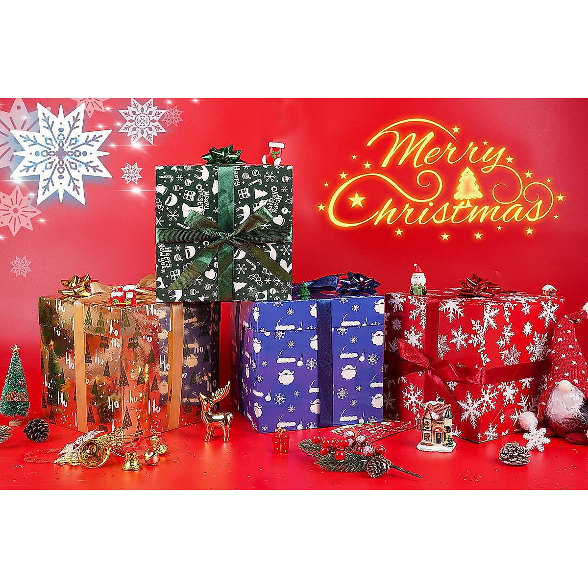 JWSCYSY Assorted Designs Christmas Gift Boxes with Lids, Tissue Papers and Ribbons, Medium Square Gift Boxes - 4 Pcs (8.7 Inch), Gift Wrapping Christmas Holiday New Year Presents Party Favor Boxes.