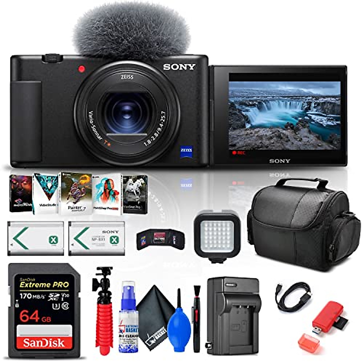 Sony ZV-1 Digital Camera (Black) (DCZV1/B) + 64GB Memory Card + Corel Photo Software + NP-BX1 Battery + Card Reader + LED Light + HDMI Cable + Deluxe Soft Bag + Charger + Flex Tripod + More (Renewed)