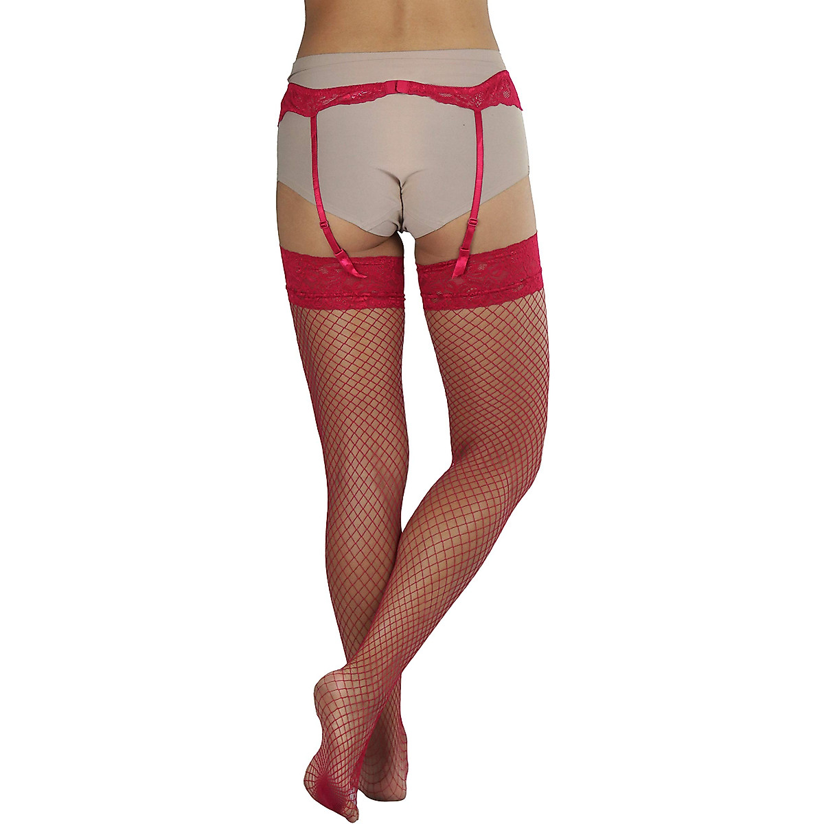 ToBeInStyle Women's Two Piece Fishnet Lacetop Stocking with Lace Garter Belt - Red