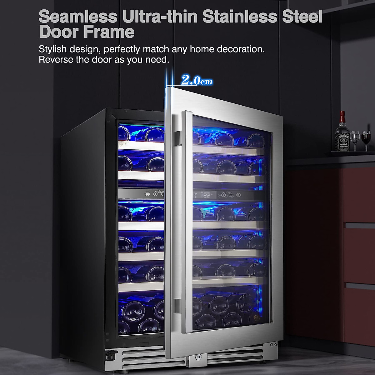 BODEGA 24 Inch Wine Cooler,56 Bottle Wine Refrigerator Dual Zone, Built-In and Freestanding Wine Fridge,with Quick and Silent Cooling System for Red, Rose and Sparkling Wines,Stylish Look