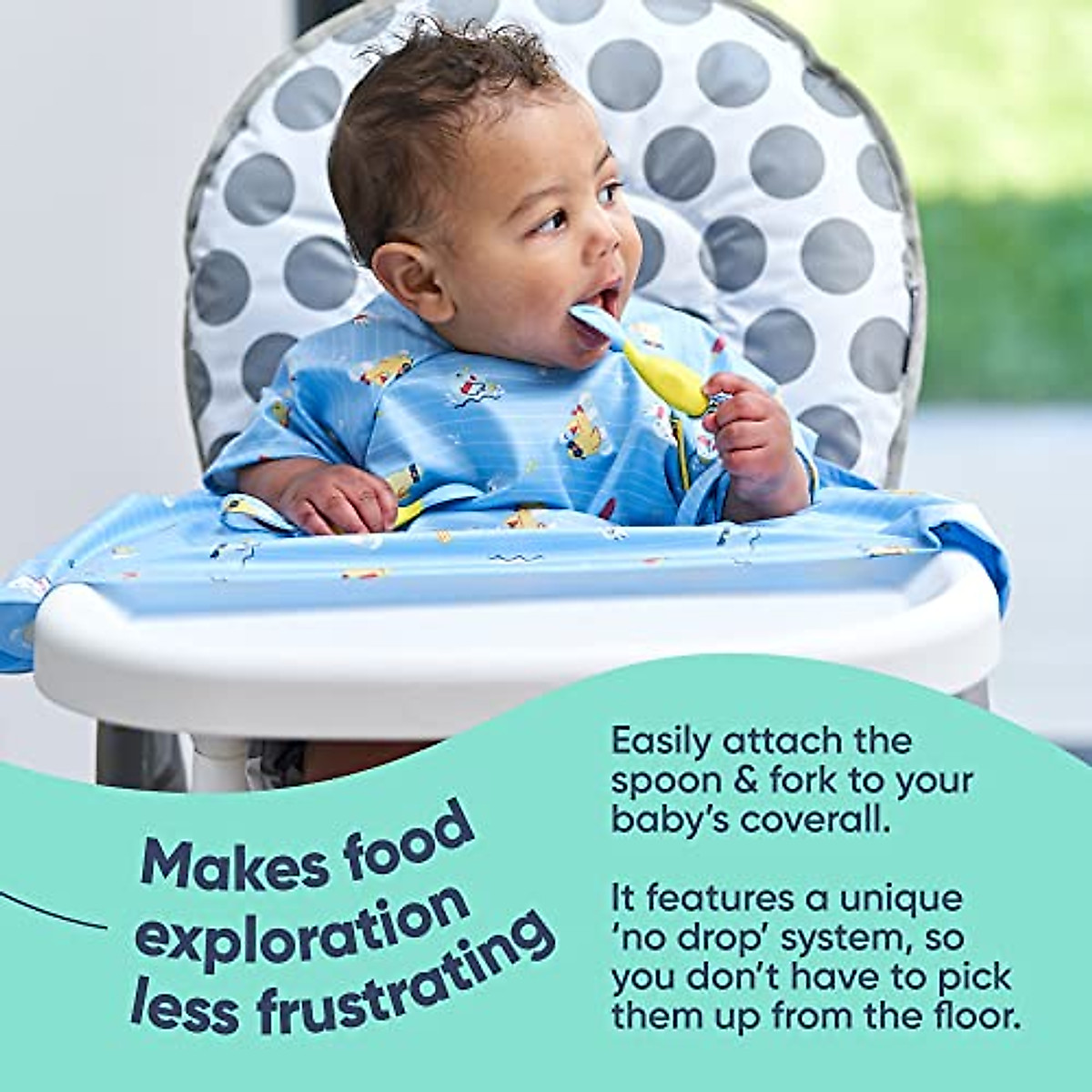 BIBaDO - Handi Toddler Cutlery, Food-Safe Toddler Utensils, Toddler Fork and Spoon Set, Toddler Eating Utensils for Babies 6 Months and Up, Attaches to Bibado Coverall Bib, Ducklings Pool Party