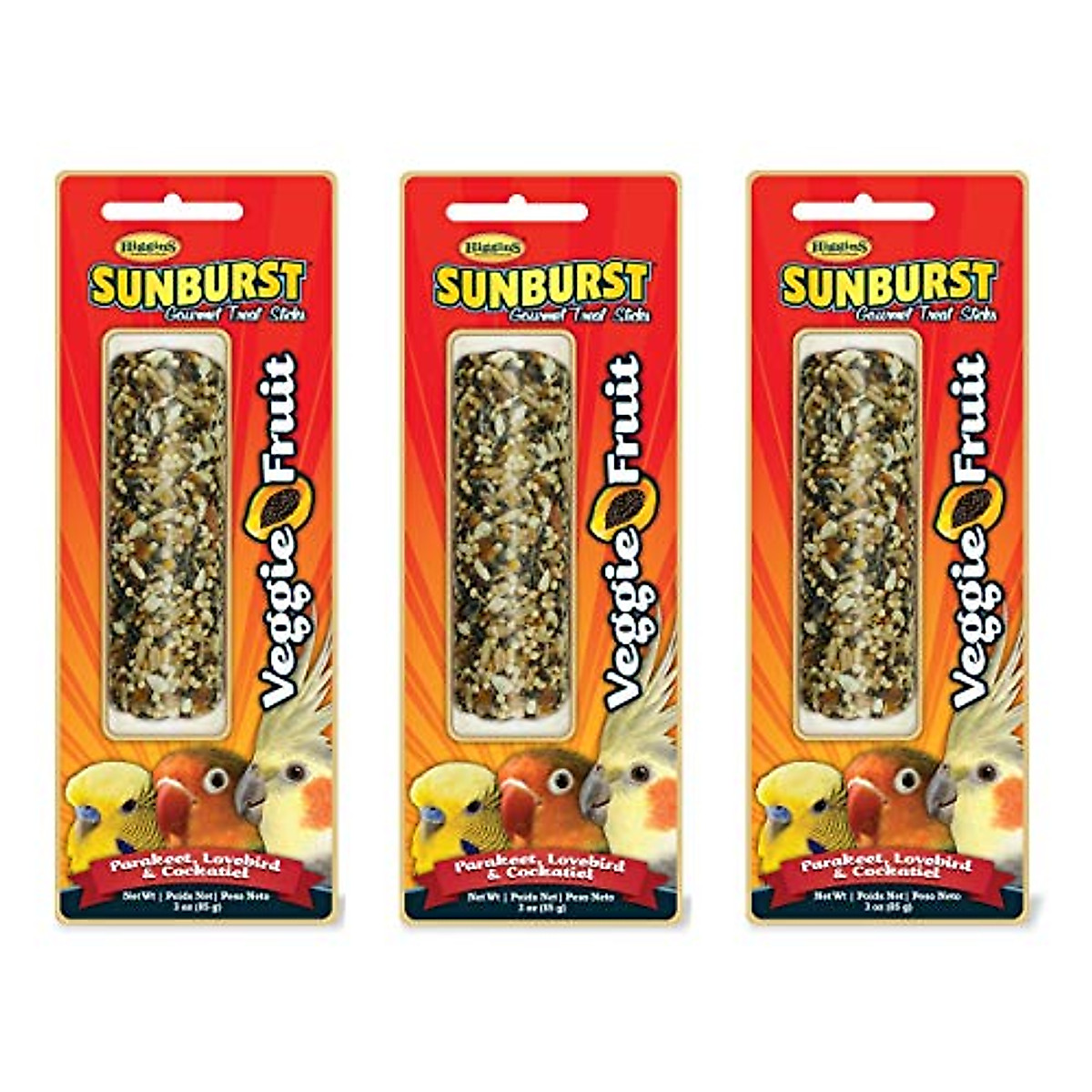 Higgins 3 Pack of Sunburst Gourmet Treat Sticks, 3 Ounces Each, Veggie Fruit Flavor for Pet Birds (Veggie Fruit, for Parakeets, Lovebirds and Cockatiels)