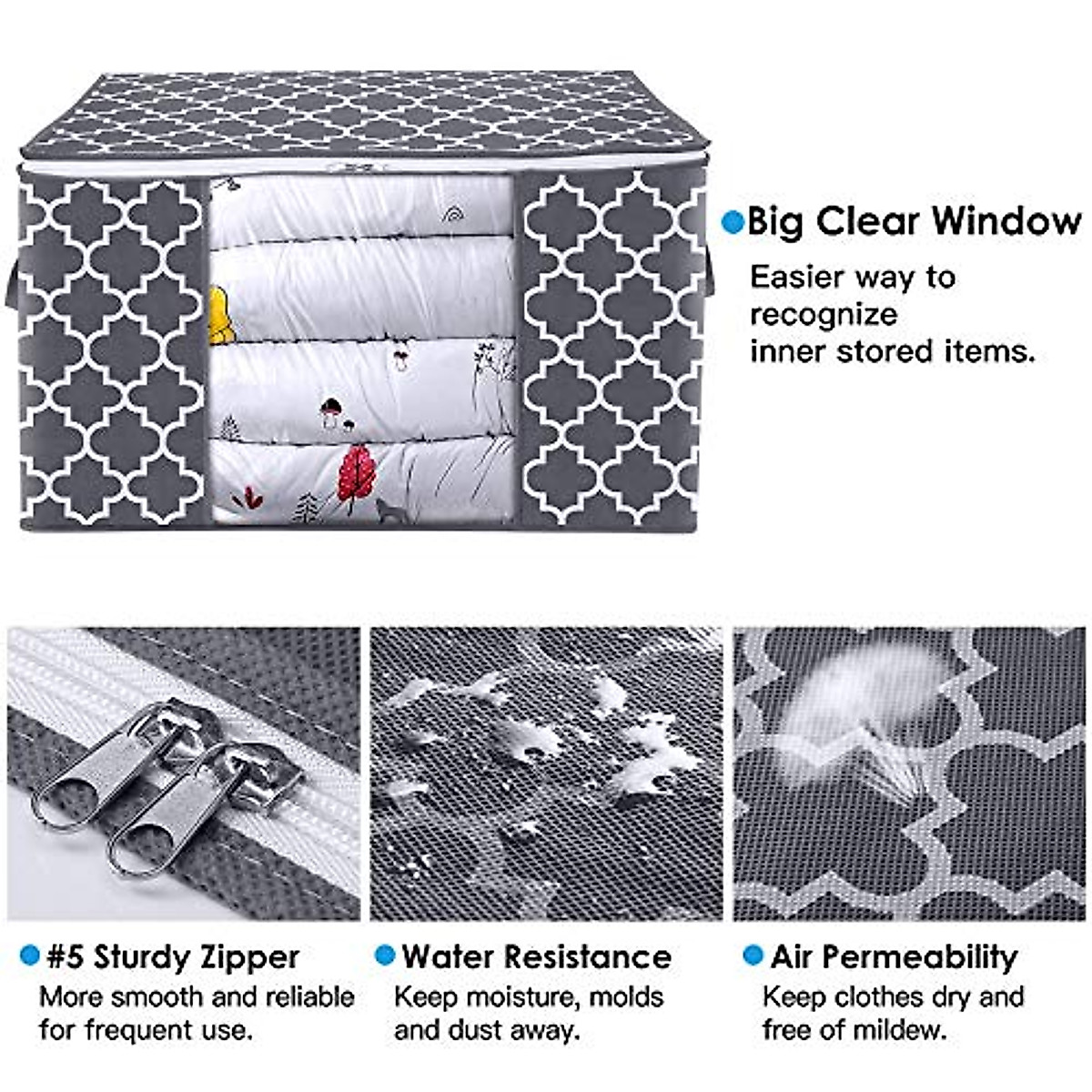 WISELIFE Storage Bags, Large Blanket Clothes Organization and Storage Containers for Bedding, Comforters, Foldable Organizer with Reinforced Handle, Clear Window,Sturdy Zippers,(Grey, 3 x 100L)