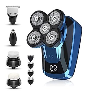 Electric Shavers for Men Bald Head Shaver LED Display 5-in-1 Faster-Charging 5D Floating Waterproof Electric Rotary Shaver with Clipper Nose Hair Facial Clean Waterproof