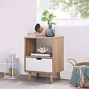 Wind Modern Wooden Bedroom 2-Tier Nightstand End Side Table with Open Shelf, 4 Anti-Slip Rubber Padded Legs, & 1 Storage Drawer, Tan, Set of 2