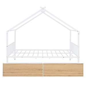 THINK 30 Metal House Bed, House Bed with Two Drawers, Full Size, White