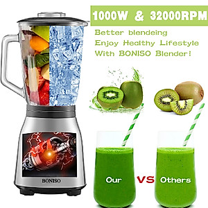 BONISO Countertop Blender High Speed Countertop Kitchen Food Mixer for Blend, Chop, Grind with1.5L/50oz Glass Jar, for Puree, Ice Frozen Fruit Crushing, Nuts Butter, Shakes and Smoothies