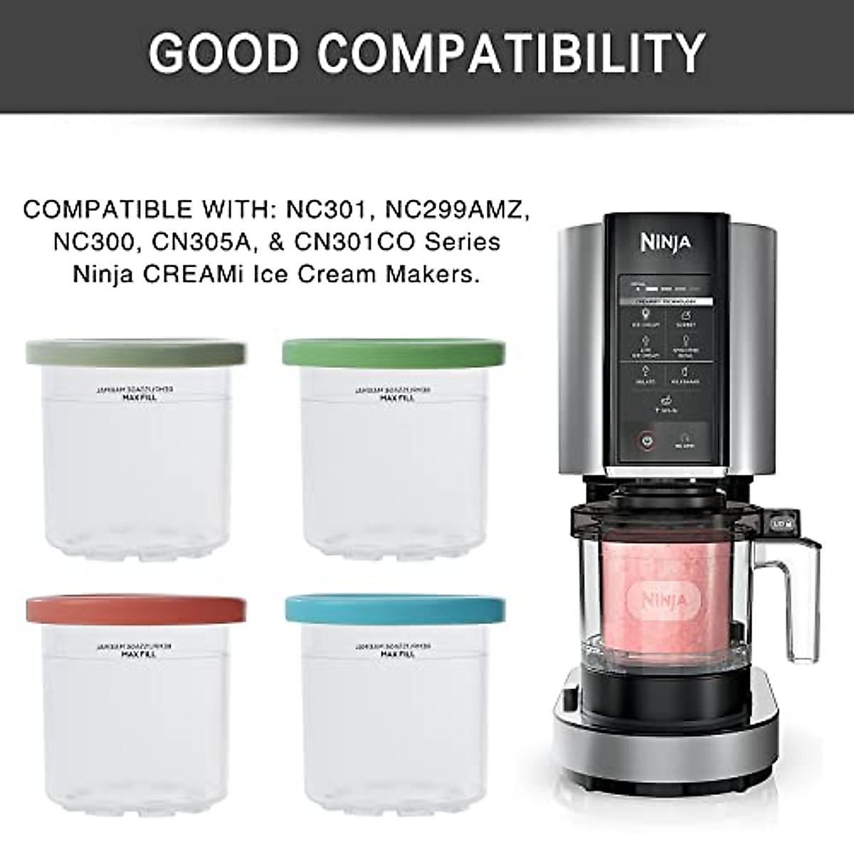 Ice Cream Pint Containers with Silicone Lids Replacement，Compatible with NC299AMZ and NC300s Series Creami Ice Cream Makers