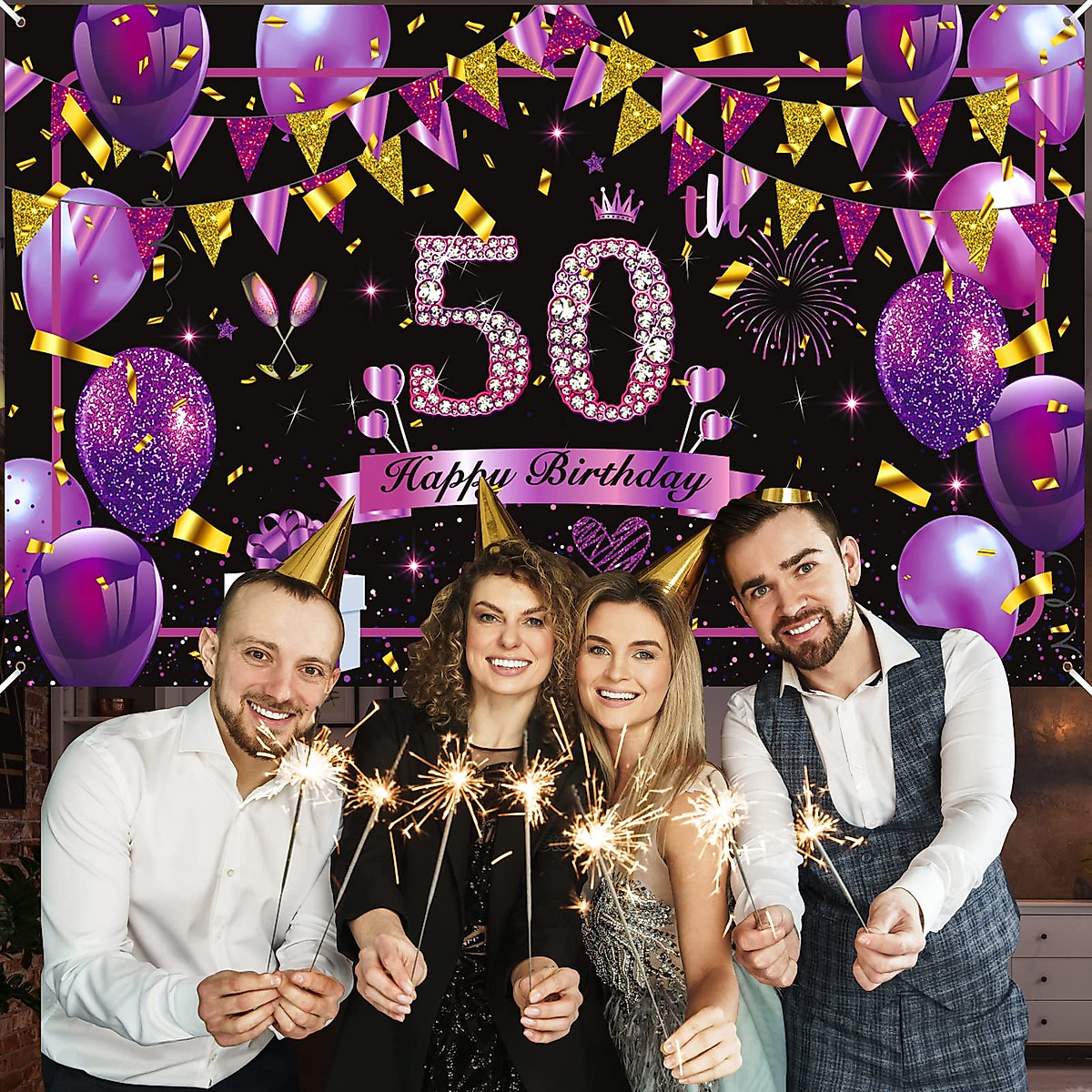 Happy 50th Birthday Banner for Women Purple 50th Birthday Decorations Purple Black Gold 50th Happy Birthday Sign 50 Year Old Birthday Backdrop Banner for Women Men 50th Birthday Party Supplies
