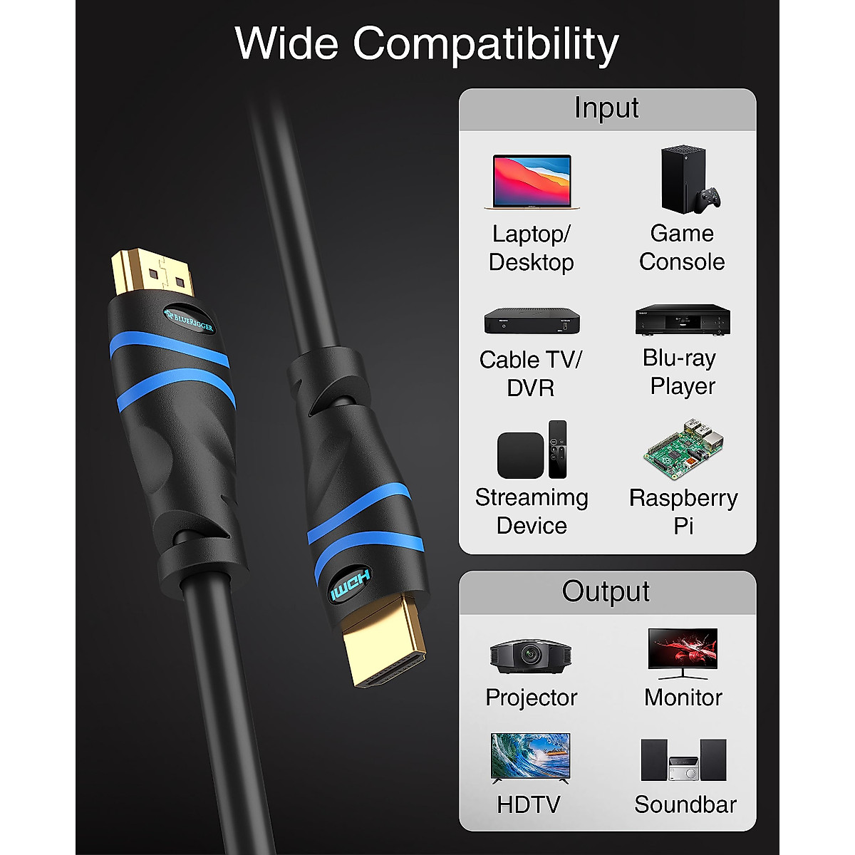 BlueRigger 4K HDMI Cable with Signal Booster (50FT, 4K 60Hz, in-Wall CL3 Rated) - Compatible with PS5, PS4, Xbox, Roku, Apple TV, HDTV, Blu-ray, PC