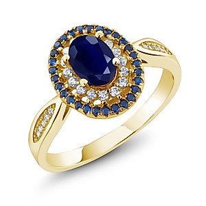 Gem Stone King 18K Yellow Gold Plated Silver 7X5MM Oval Gemstone Birthstone Double Halo Wedding Engagement Anniversary Promise Ring For Women | Available In Size 5, 6, 7, 8, 9