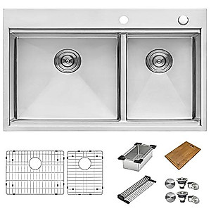 Ruvati 33 x 22 inch Workstation Drop-in 60/40 Double Bowl Topmount Tight Radius 16 Gauge Stainless Steel Ledge Kitchen Sink - RVH8035