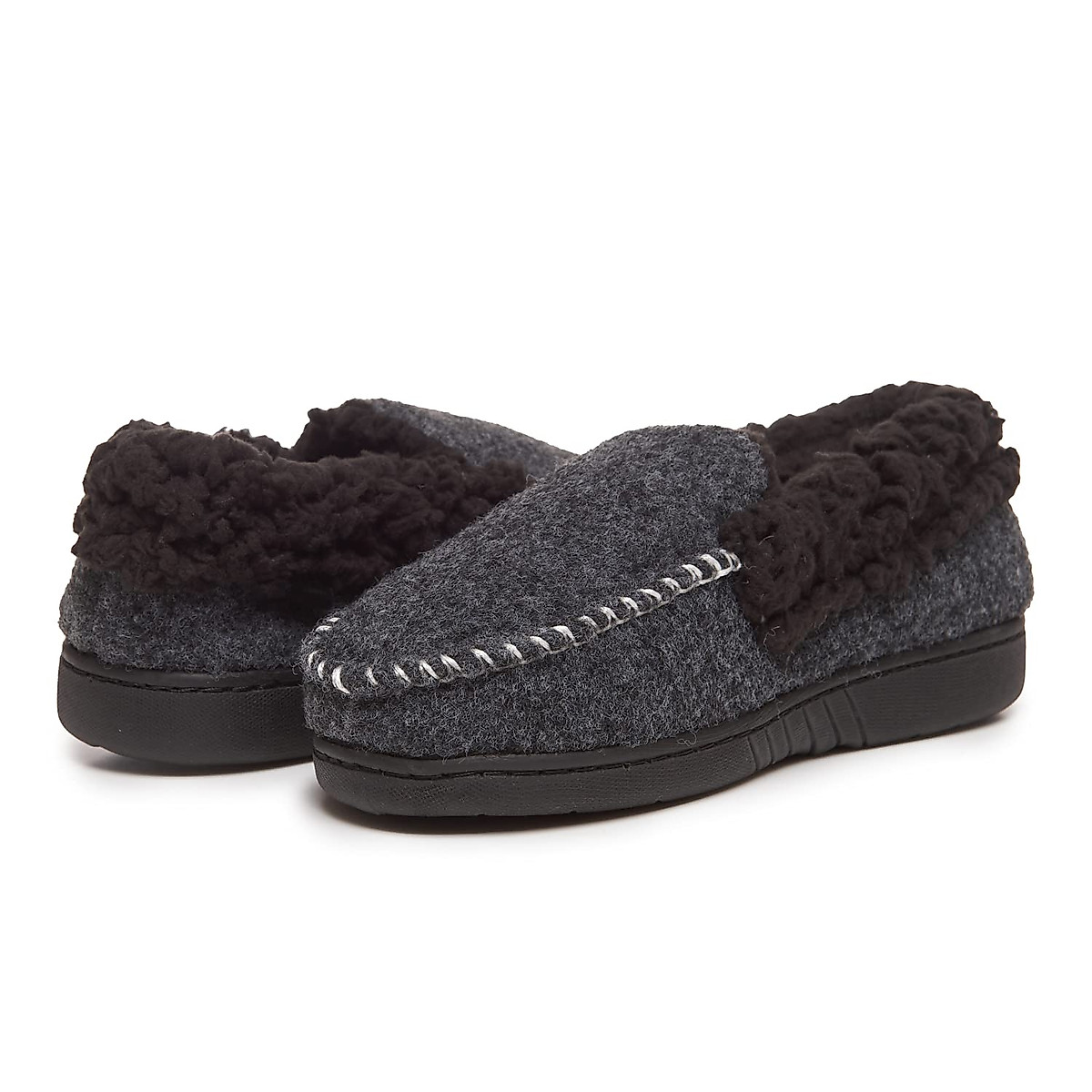 Lucky Brand Boy's Faux Wool A-line House Shoes for Kids, Memory Foam Slippers, Black, 11/12