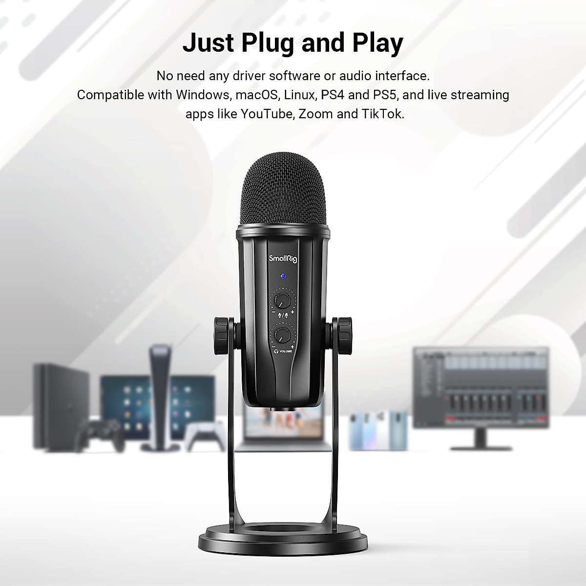 SmallRig U60 All Metal USB Microphone PC Streaming Microphone, Gaming Mic for PC,PS5 & Mac, 4 Pickup Patterns, Shock Mount and Adjustable Stand, Gain Control for Recording, Plug and Play, Black - 3466