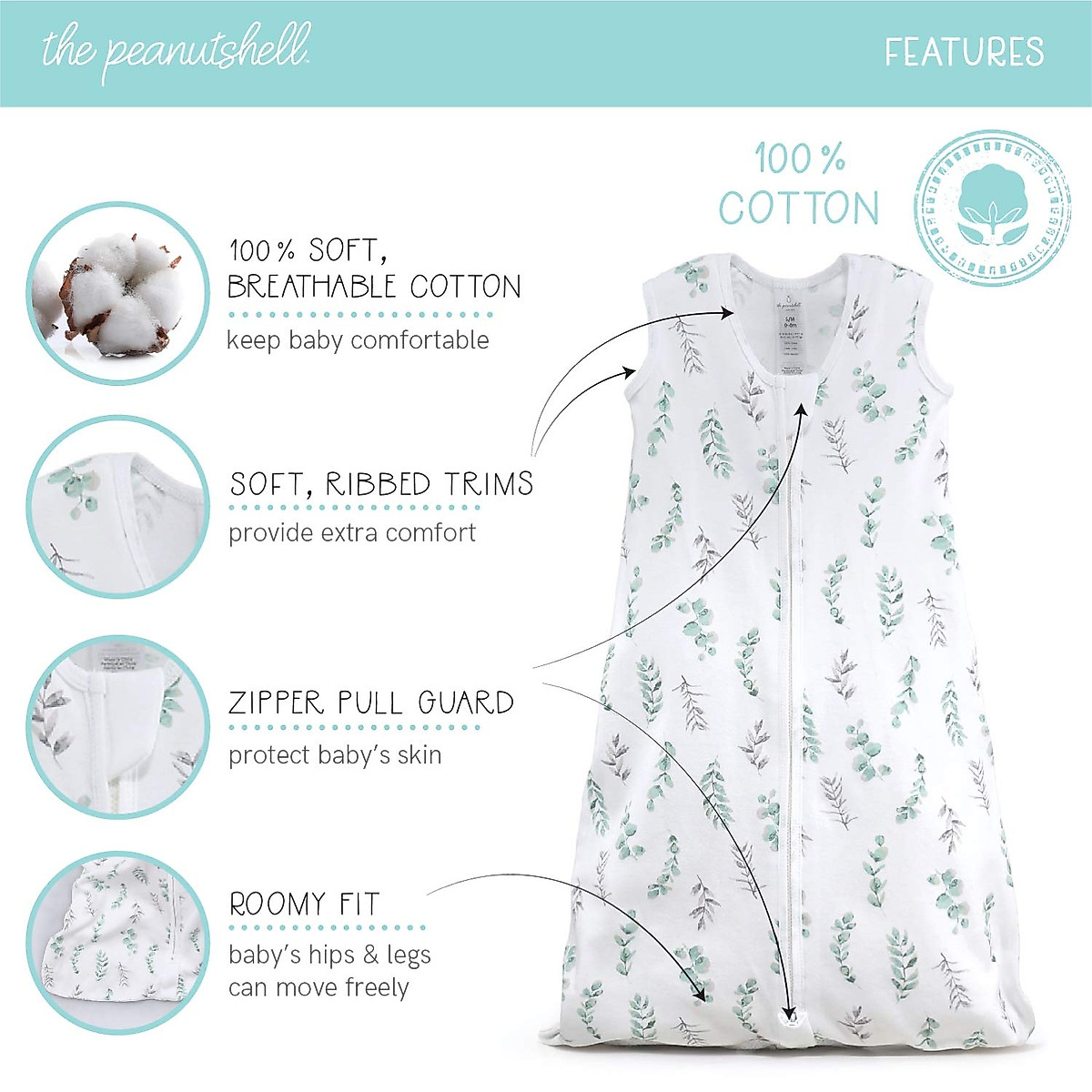 The Peanutshell Wearable Blanket Sleep Sack for Baby Girls, Farmhouse Floral, Sizes up to 12 Months (Small/Medium)