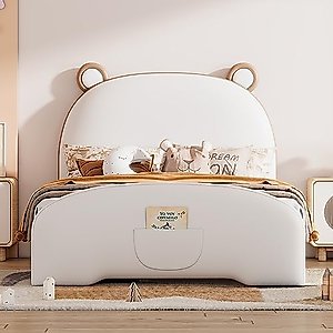 CJLMN Upholstered Cartoon Bed Bear Shaped Platform Bed, Twin Size Platform Wood Bed Frame with Bear Ears Headboard and Pocket on The Footboard, Kids Bedroom Furniture Fun Cute Bear Bed (White Bed)