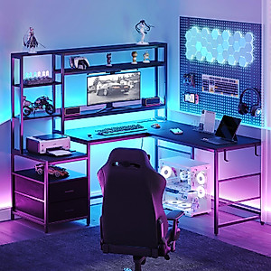 YOMILUVE L Shaped Desk with Drawers & Storage Shelves, Reversible Gaming Desk with Power Outlets, Corner Computer Desk with LED Lights & Hutch, Study Writing Workstation for Home Office (Black)