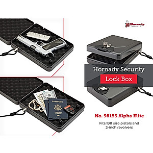 Hornady Alpha Elite Portable Lock Box for Guns and Valuables – Includes 2 Keys and 4 Foot Steel Cable – Thick 16-Gauge Steel, An Ideal Car Lock Box or Truck Safe – Black, 10.25 x 8 x 2.75 Inches