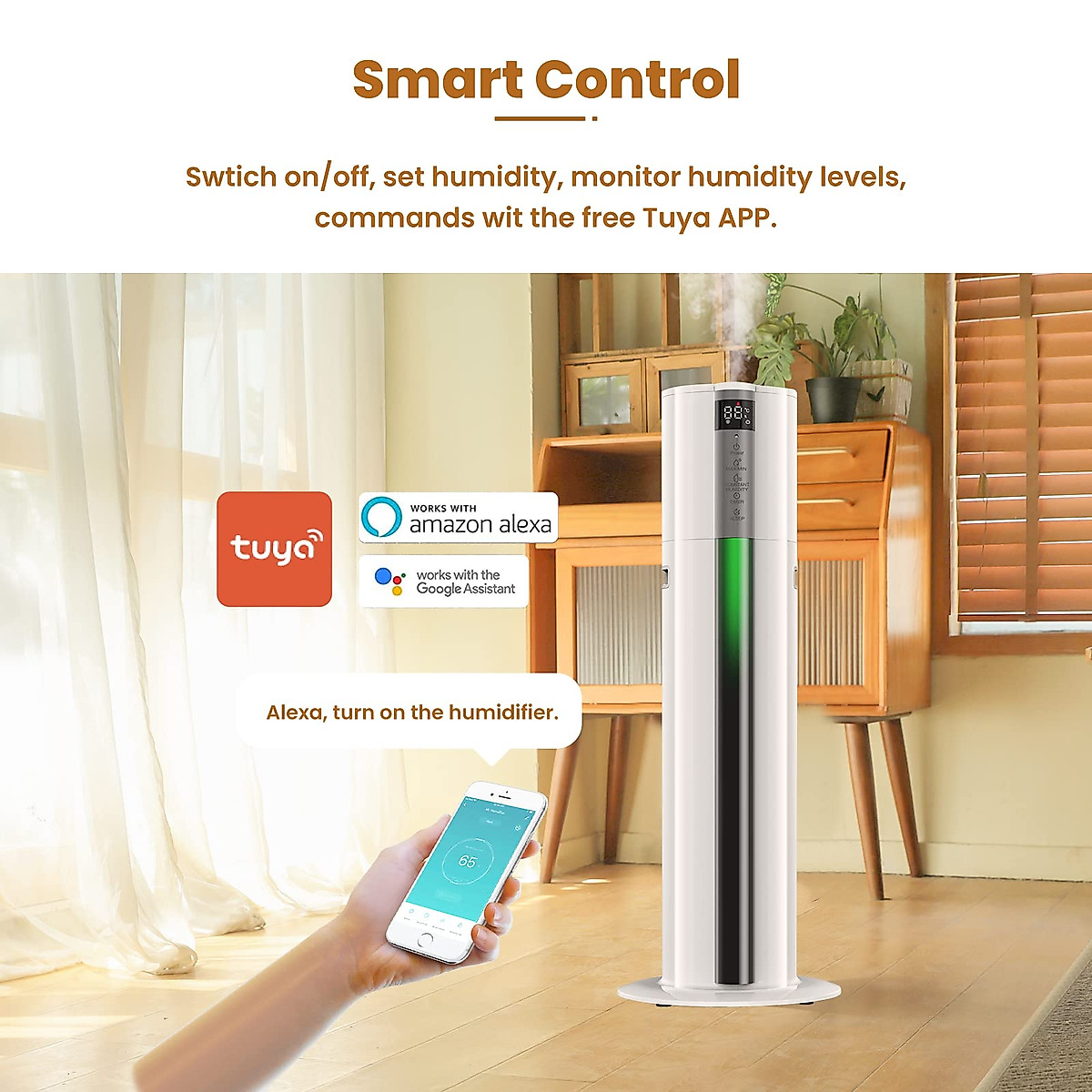 Smart Humidifiers for Bedroom Large Room, YOKEKON 7L/1.85Gal Cool Mist Top Fill Humidifier with 3 Speed Humidistat, Floor Humidifiers for Baby Kids Adults Home Yoga Sleep, Remote, White, Voice Control