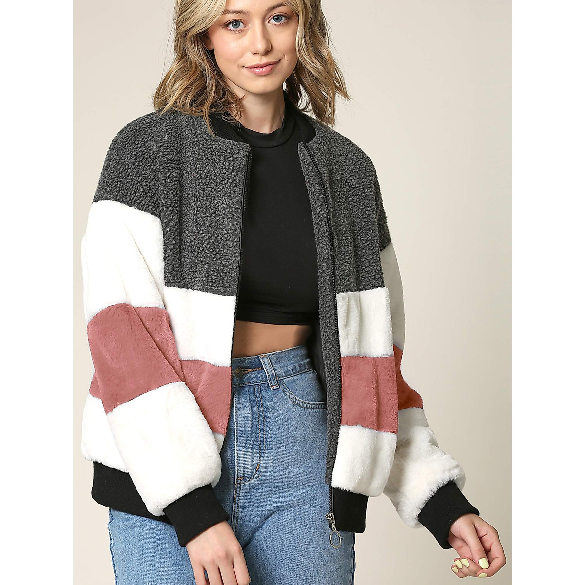 LL WJC2154 Women's Long Sleeve Zipper up Parka Sherpa Faux Mink Fur Shaggy Soft Fuzzy Fleece Jacket M Mauve