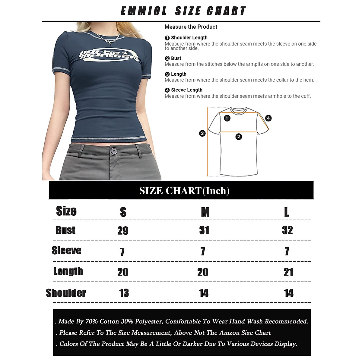 EMMIOL Girls Y2k Clothing Womens Shirts Summer Short Sleeve Baby Tee Stitched Short Sleeve Logo Graphic Tops Dark Blue