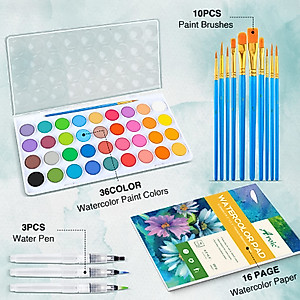 AROIC 65 Pieces Watercolor Paint Set，36 Colors Watercolor，10 Brushes，3 Refillable Water Brush Pens，16 Page Pad（8.5 * 5.5in），Profesional Watercolor Kit for Kids, Adults, Beginners