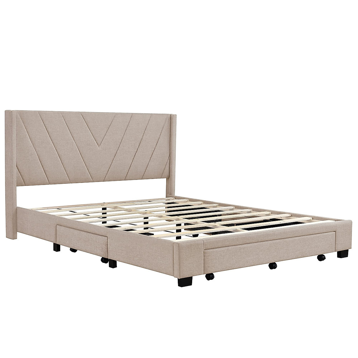 HABUHOME Queen Bed Frame with Storage Upholstered Platform Bed Frame with 3 Drawers and Headboard Modern Linen Queen Size Beds with Wooden Slats Support, No Box Spring Box Needed, Beige