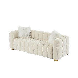 3 Seater Boucle Upholstered Loveseat Sofa Couch, Teddy Fleece Deep-Seat Cloud Modular Couch with Metal Golden Legs and Decor Pillows, Minimalist Style Oversized Love Seat for Living Room, Office
